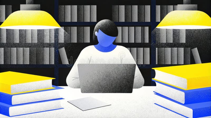 Modern Student Studying in Library with Laptop and Books Under Bright ...