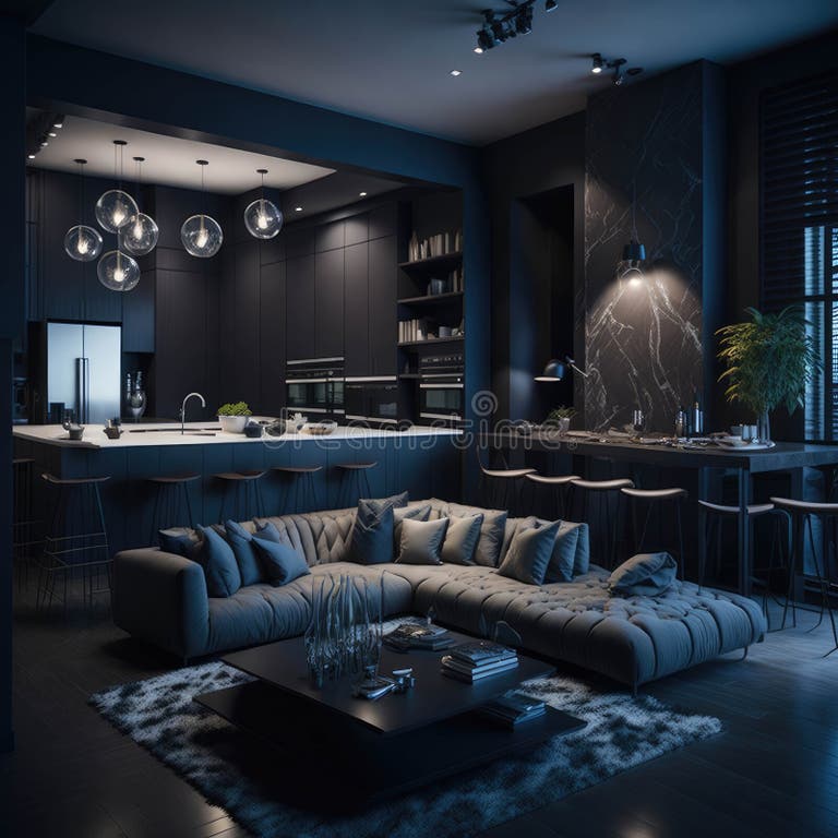 Modern Studio Apartament Interior, Living Room and Kitchen, Large ...