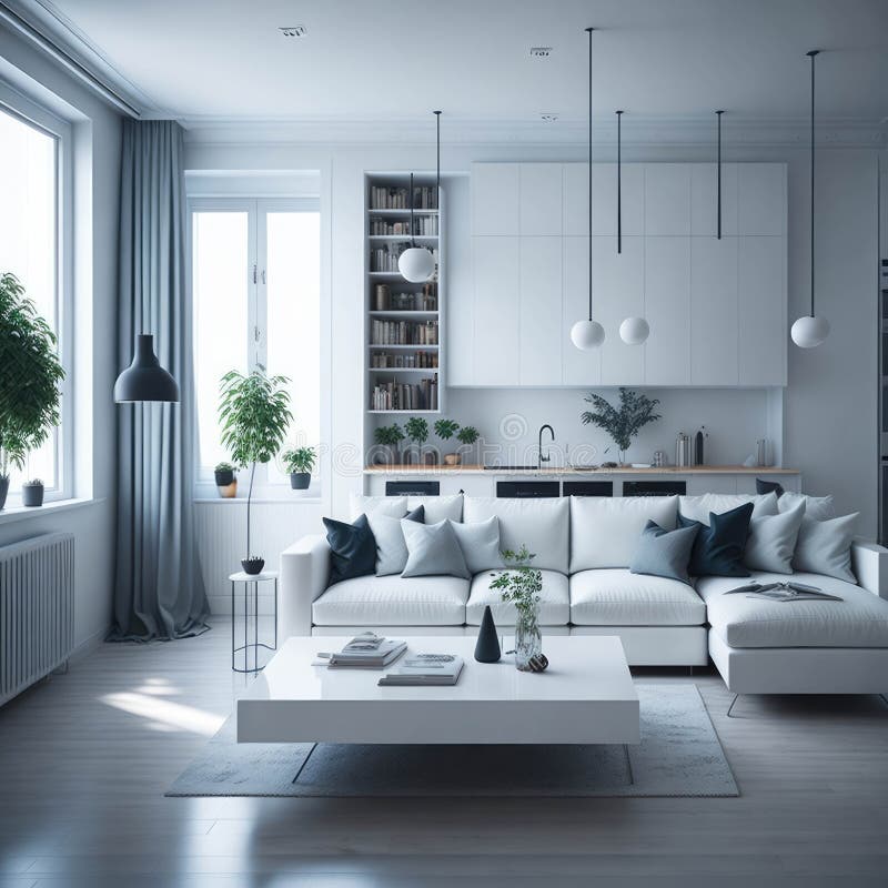 Modern Studio Apartament Interior, Living Room and Kitchen, Large ...