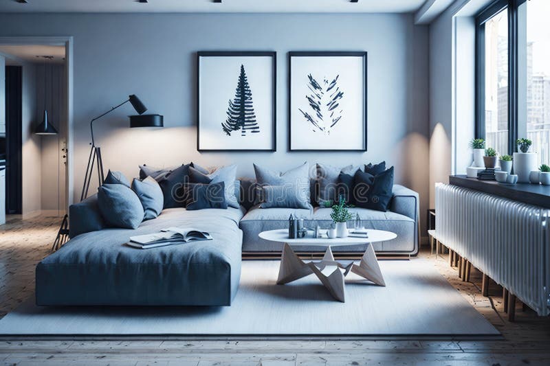 Modern Studio Apartament Interior, Living Room and Kitchen, Large ...