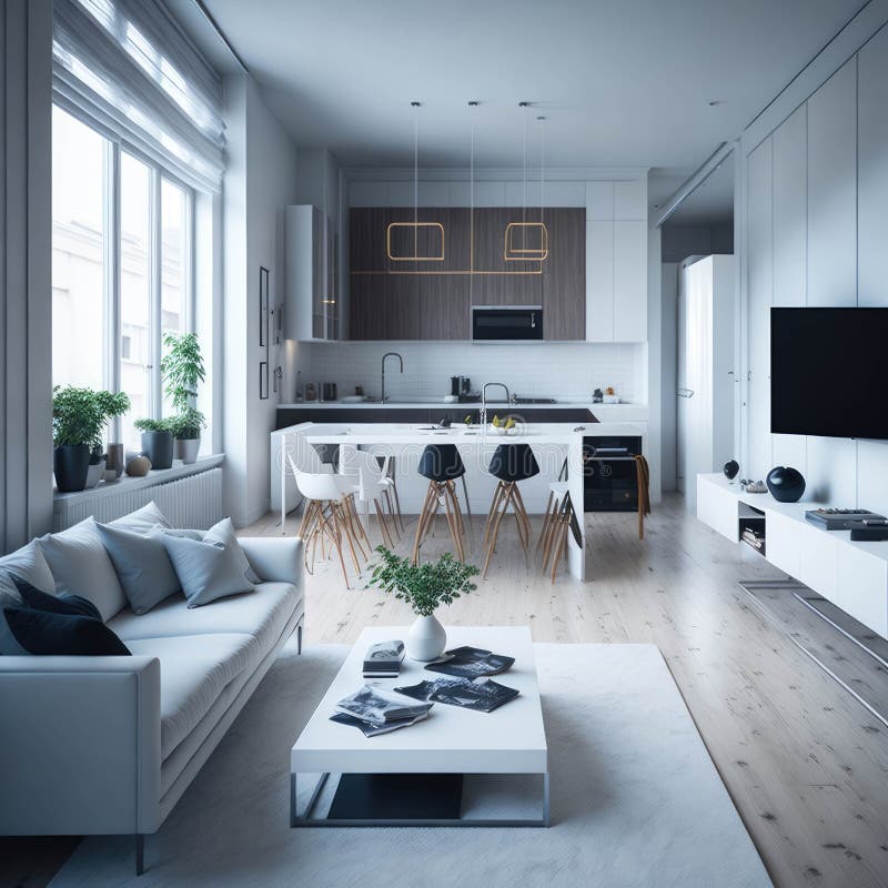 Modern Studio Apartament Interior, Living Room and Kitchen, Large ...