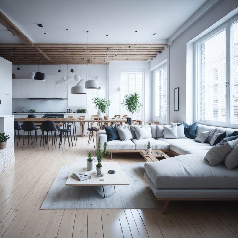 Modern Studio Apartament Interior, Living Room and Kitchen, Large ...