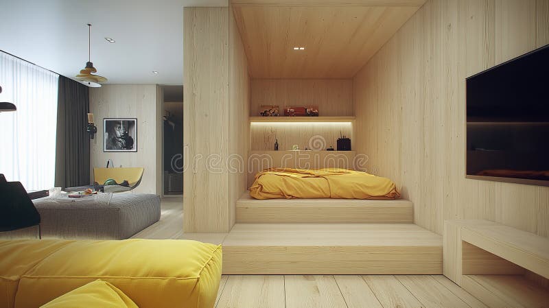 Modern Studio Apartment Bed Platform Design, Minimalist Living Room ...
