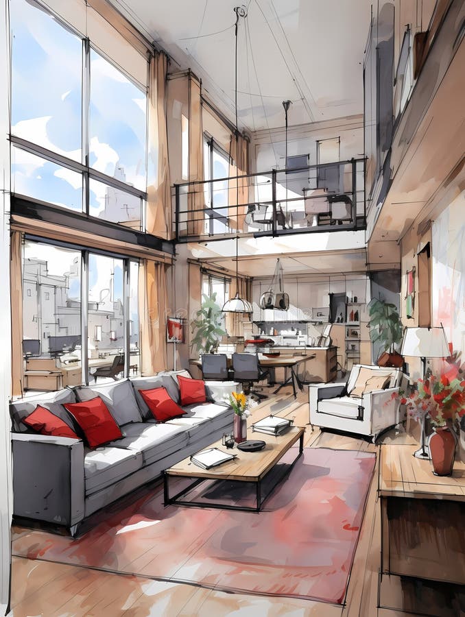 Modern Studio Apartment, a Drawing of a Living Room Stock Illustration ...