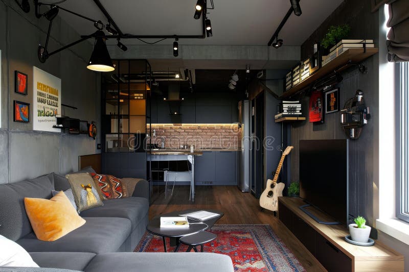 Modern Studio Apartment with Industrial Aesthetics, Featuring a Sleek ...
