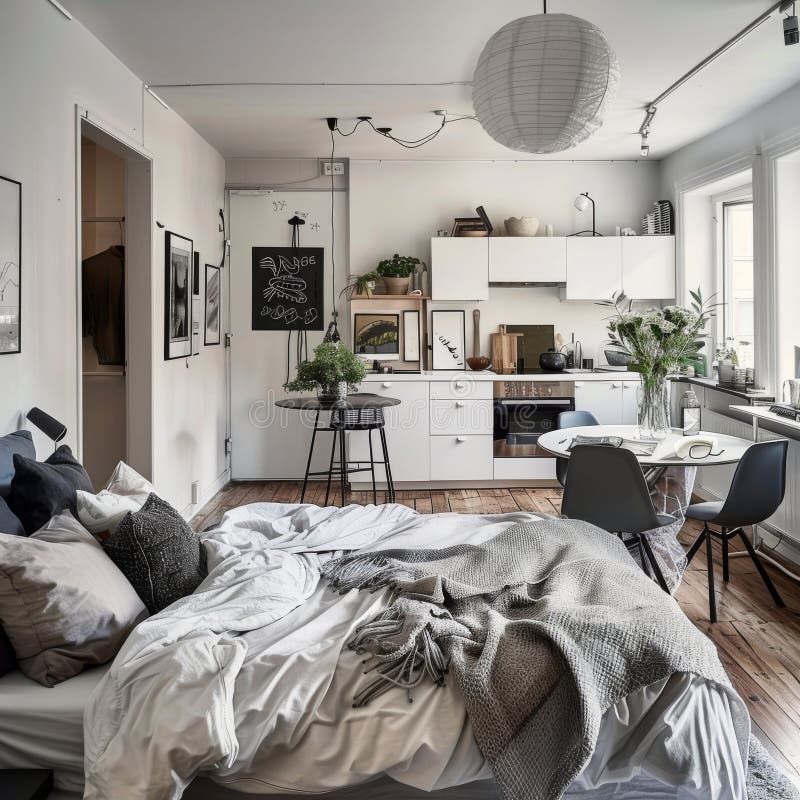 Modern Studio Apartment with White Kitchen and Cozy Bed Stock Photo ...