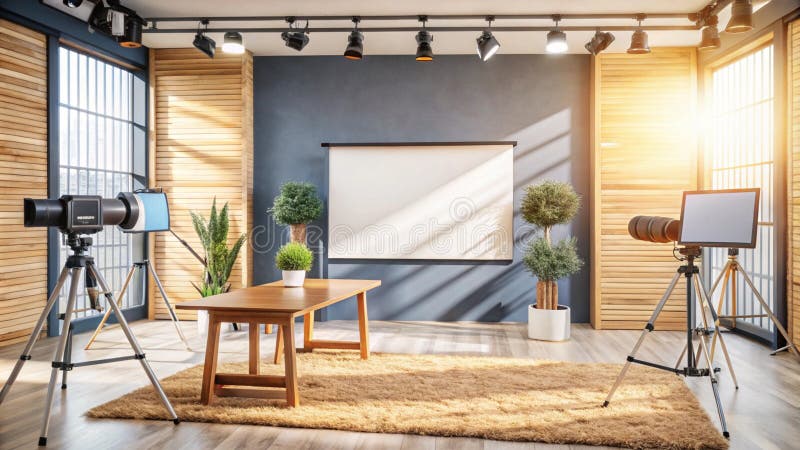 Modern Studio with Blank Projector Screen, Professional Camera ...