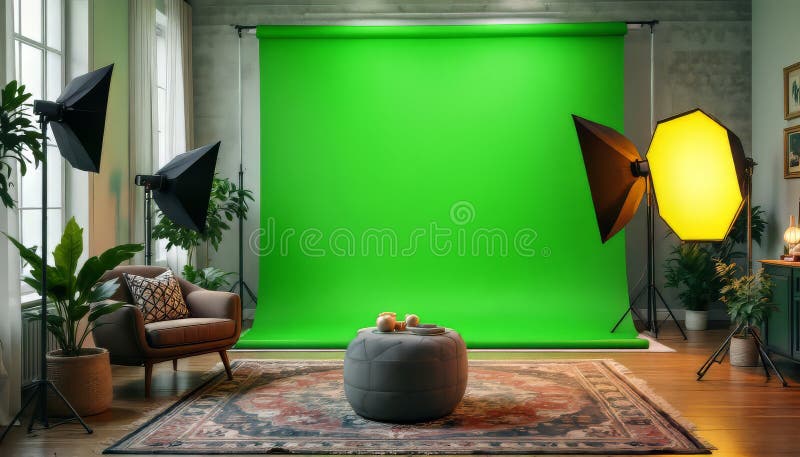 Modern Studio Features a Vibrant Green Screen Backdrop and Professional ...