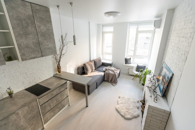 Modern Studio Flat with Table, Chairs, Couch. Stock Photo - Image of ...