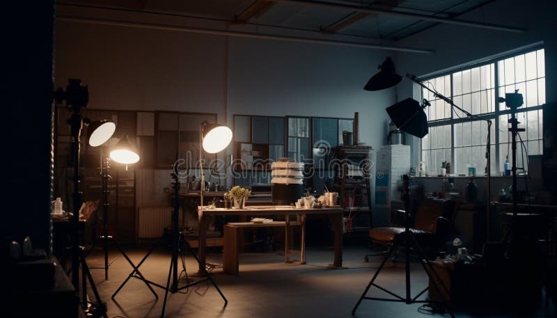 Modern Studio Illuminated by Electric Lamp Spotlight Generated by AI ...