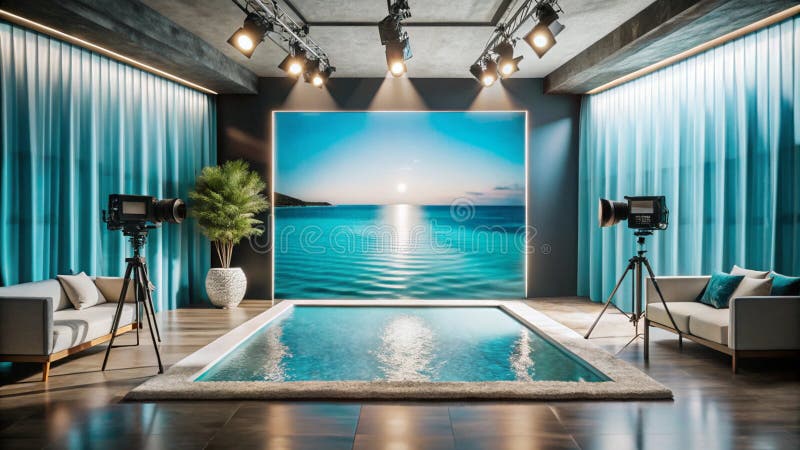 Modern Studio with an Infinity Pool and a Backdrop of a Tropical Sunset ...