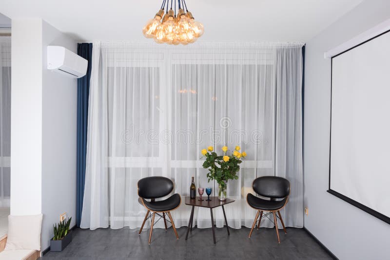 Modern Studio Interior with Lights on. Projector Screen. Contemporary ...