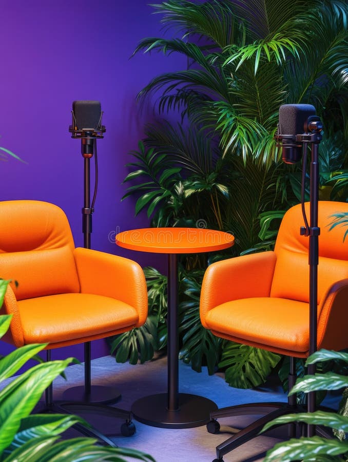 Modern Studio with Orange Chairs Stock Photo - Image of podcast, modern ...