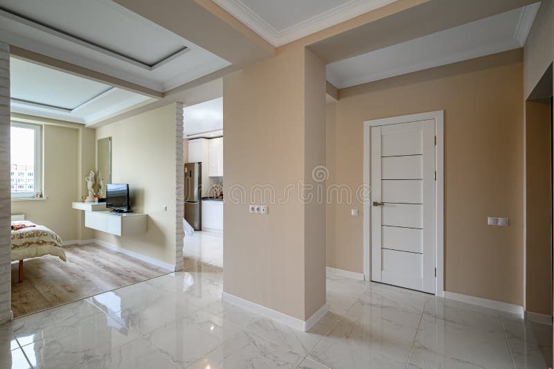 Modern Studio Apartment with White Kitchen in Classic Style Stock Photo ...