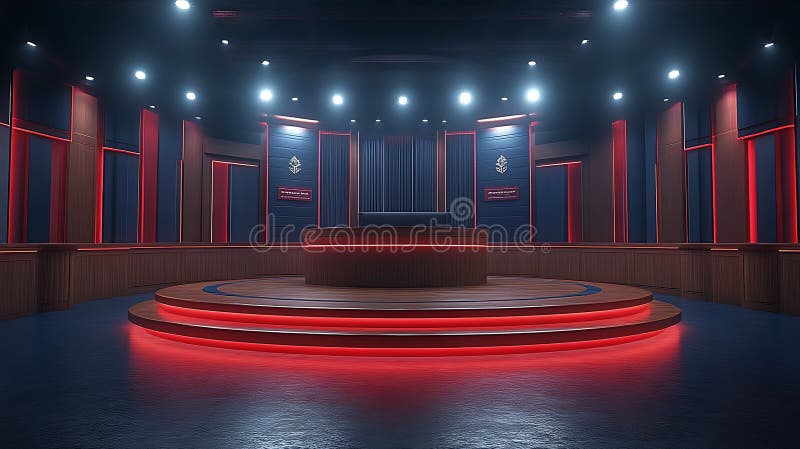 Modern Studio Set Design with Red Accents and Circular Stage Stock ...
