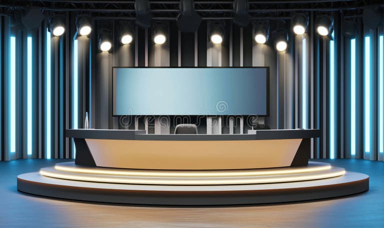 Modern Studio Set with Large Screen, Sleek Desk, and Dramatic Lighting ...