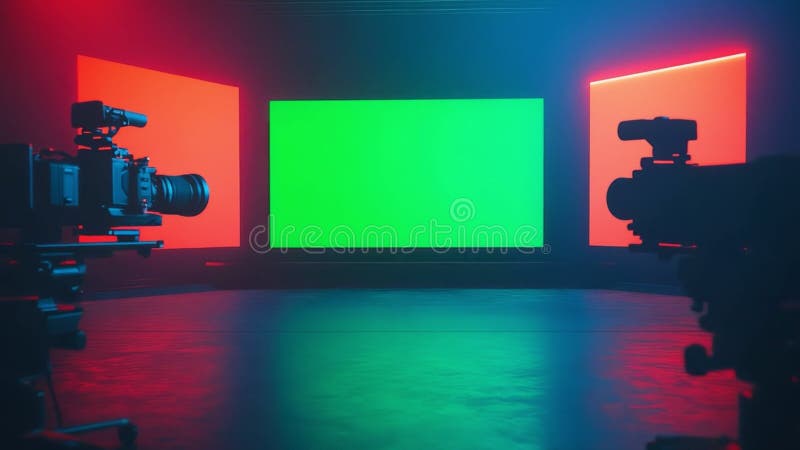 Modern Studio Setup with Cameras, Green Screen, and Dynamic Red and ...