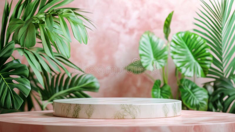 Modern Studio Setup with Circular Marble Pedestal and Tropical Plants ...