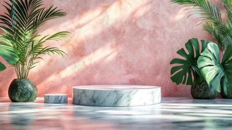 Modern Studio Setup with Circular Marble Pedestal and Tropical Plants ...