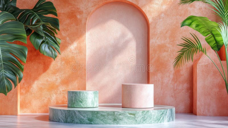 Modern Studio Setup with Circular Marble Pedestal and Tropical Plants ...