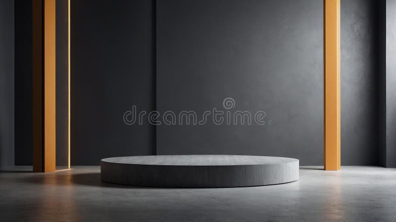 Modern Studio Space with Grey Background, Two Orange Columns, Circular ...
