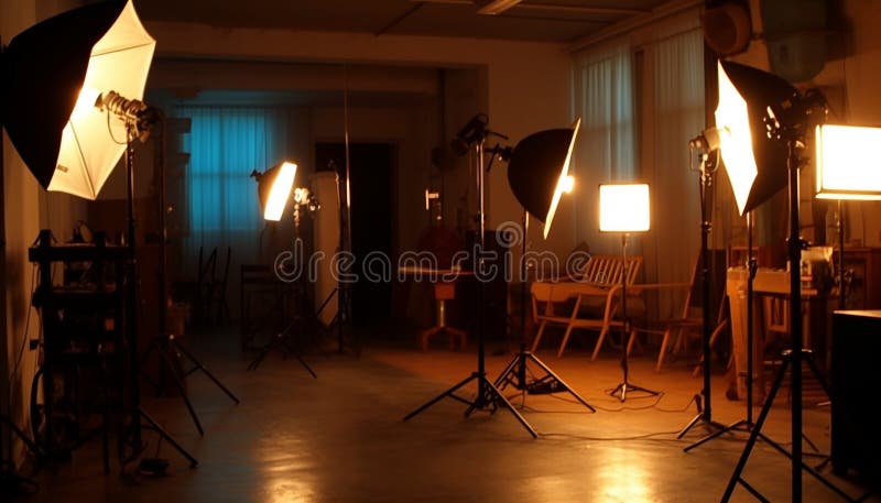 Modern Studio Stage Illuminated by Spotlight Equipment Generated by AI ...