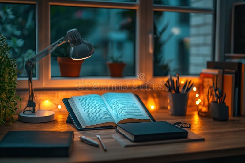 Modern Study Environment with Tablet and E-book Illuminated by Smart ...