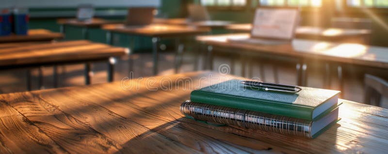 Modern Study Space with Laptop, Pens, and Notebooks on a Wooden Desk in ...