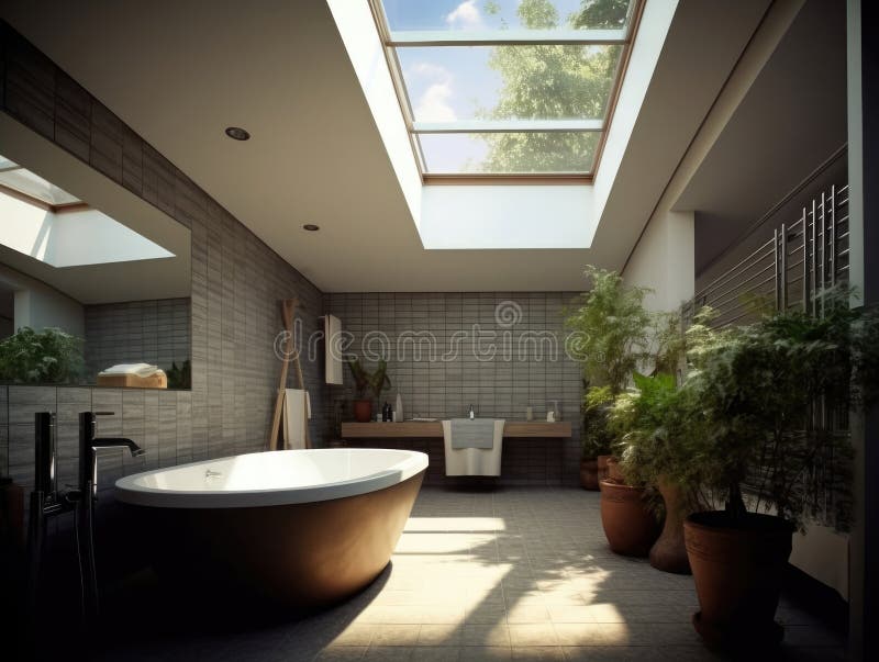 Modern Style Bathroom with Open Ceiling, Bath Tub, Natural Light ...