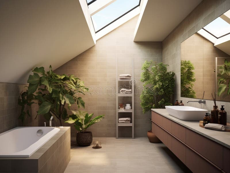 Modern Style Bathroom with Open Ceiling, Bath Tub, Natural Light ...