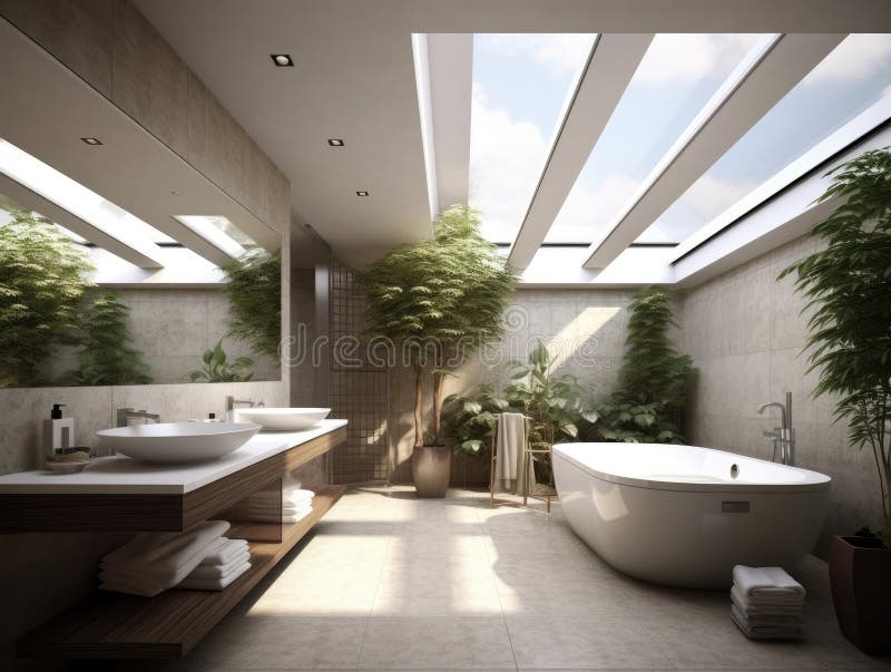 Modern Style Bathroom with Open Ceiling, Bath Tub, Natural Light ...