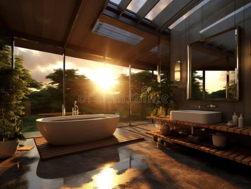 Modern Style Bathroom with Open Ceiling, Bath Tub, Natural Light ...