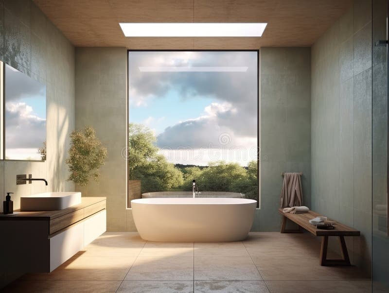 Modern Style Bathroom with Open Ceiling, Bath Tub, Natural Light ...