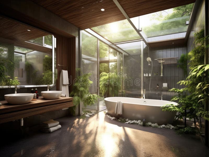 Modern Style Bathroom with Open Ceiling, Bath Tub, Natural Light ...