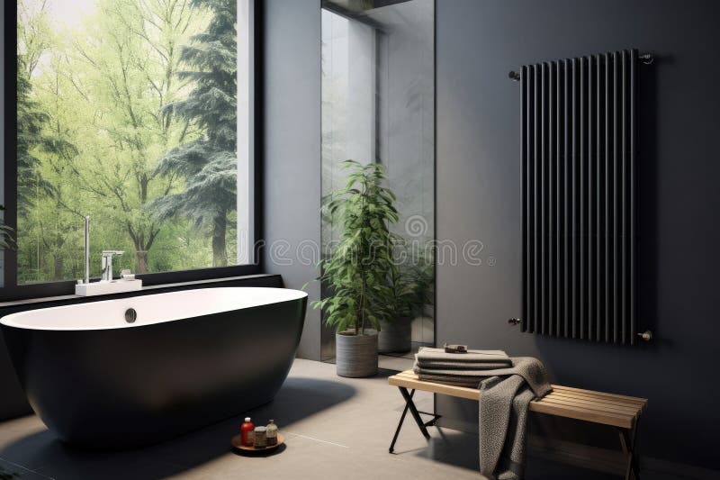 Modern Style Bathroom with Vertical Radiator and Green Plants Stock ...