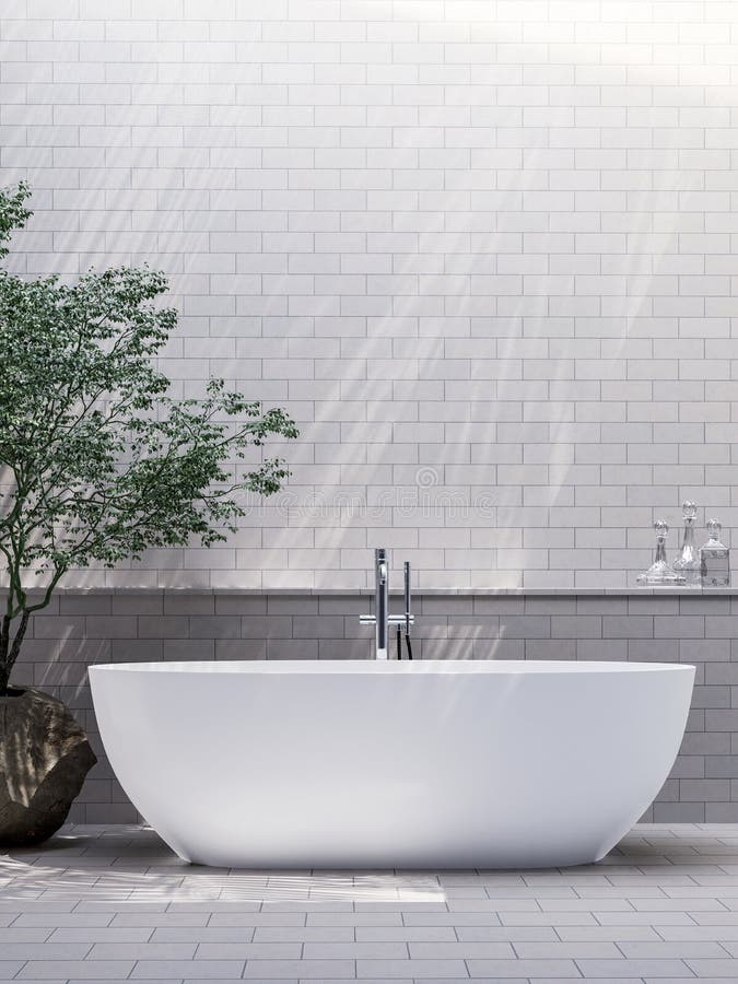 Modern Style Bathroom with White Brick Pattern Tile Wall 3d Render ...