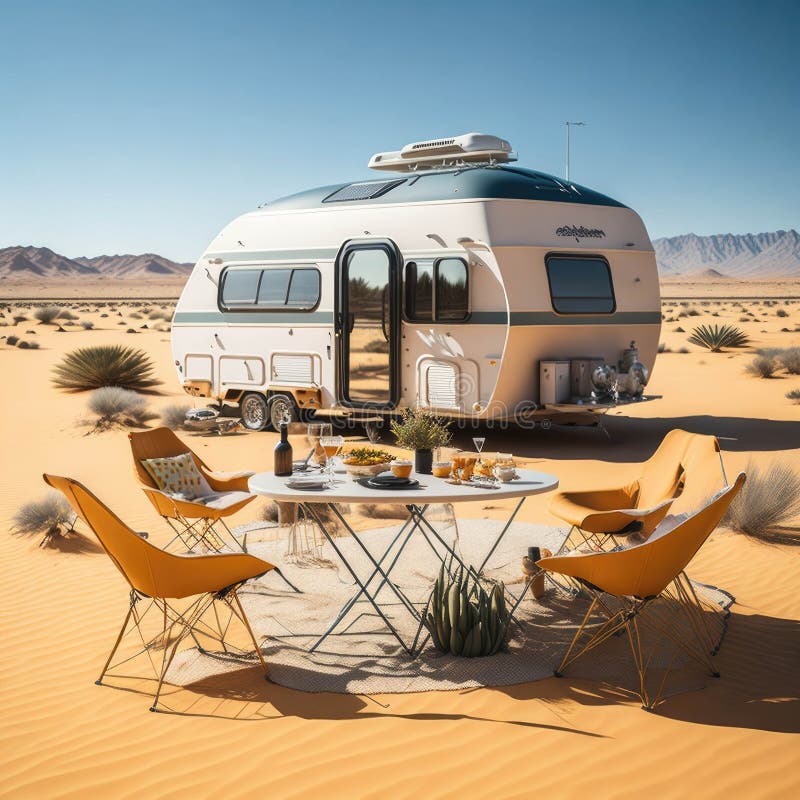 Modern Style Caravan in Desert, Traveling and Camping Concept ...