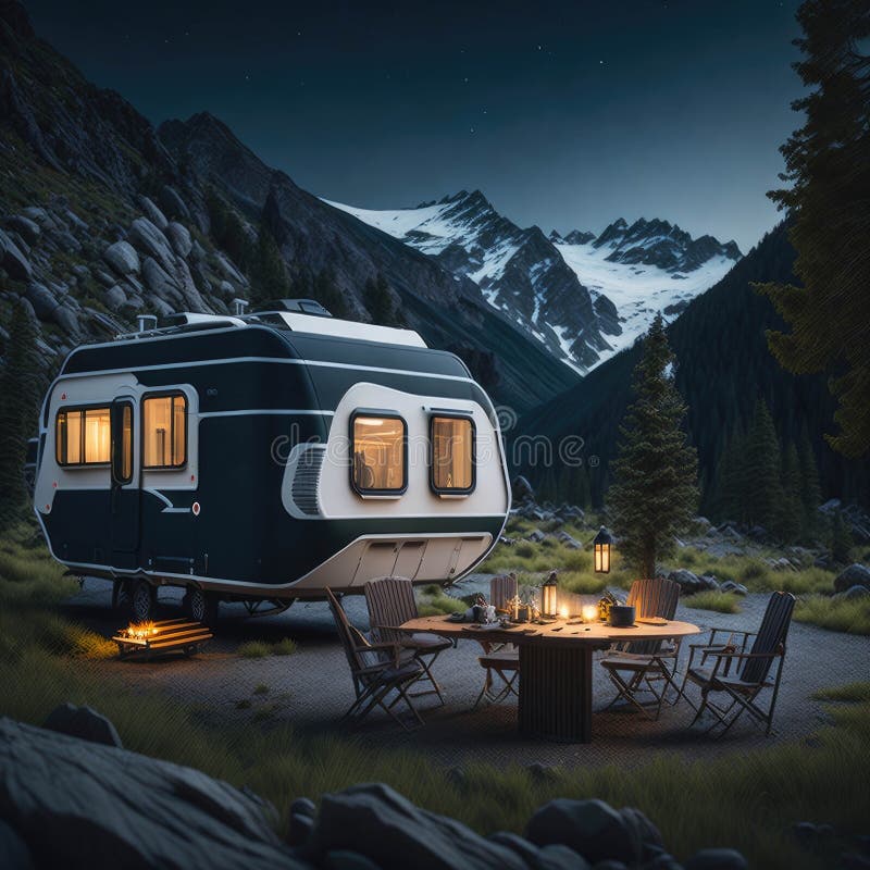 Modern Style Caravan in Mountains, Traveling and Camping Concept ...