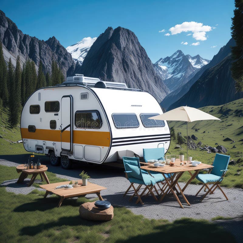 Modern Style Caravan in Mountains, Traveling and Camping Concept ...