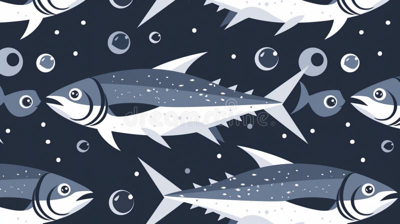 Seamless Pattern Stylish Tuna Fish Ocean Design Art Blue Gray Dark Cool ...