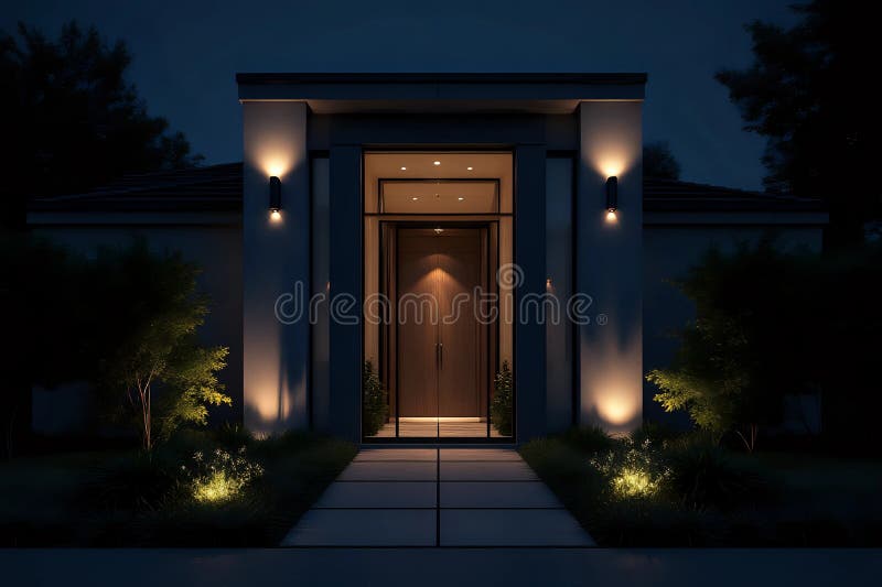 Modern Style Front Gate in Modern Style House in the Dark Night with ...