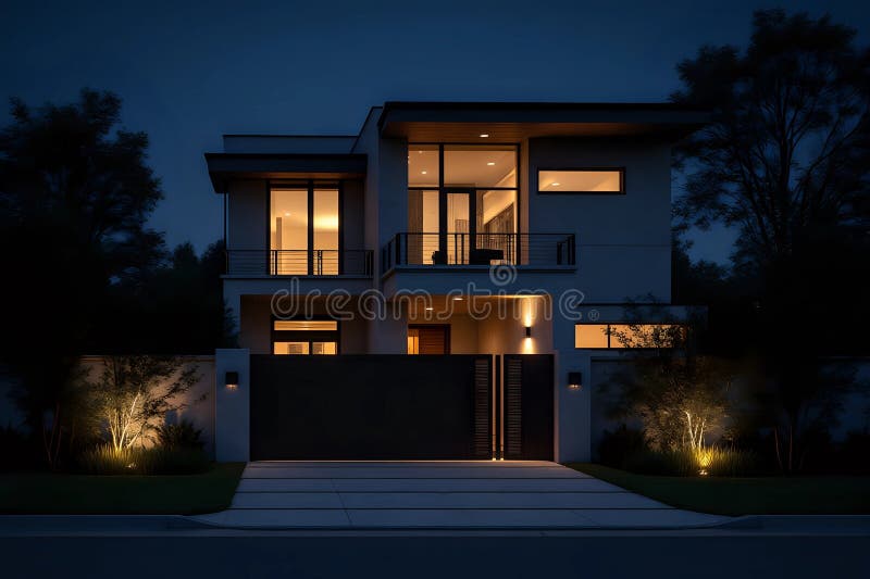 Modern Style Front Gate in Modern Style House in the Dark Night with ...