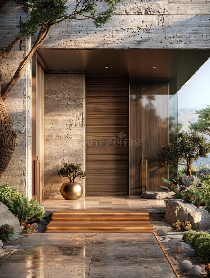 Modern-style House Featuring a Wooden Door and Stone Pathways. AI ...