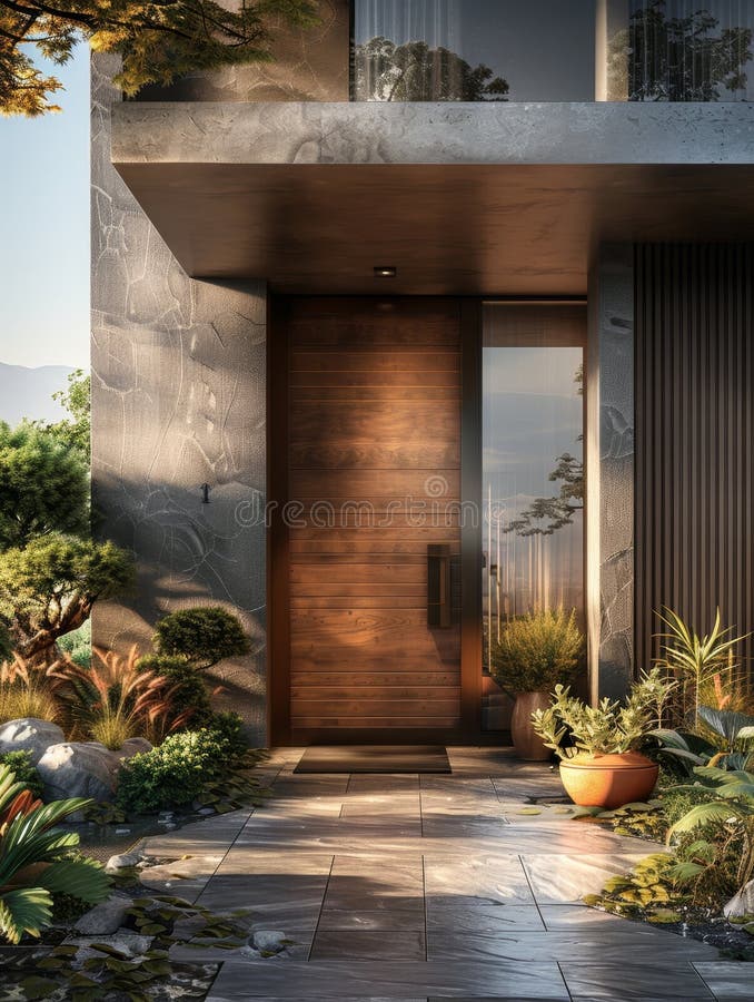 Modern-style House Featuring a Wooden Door and Stone Pathways. AI ...
