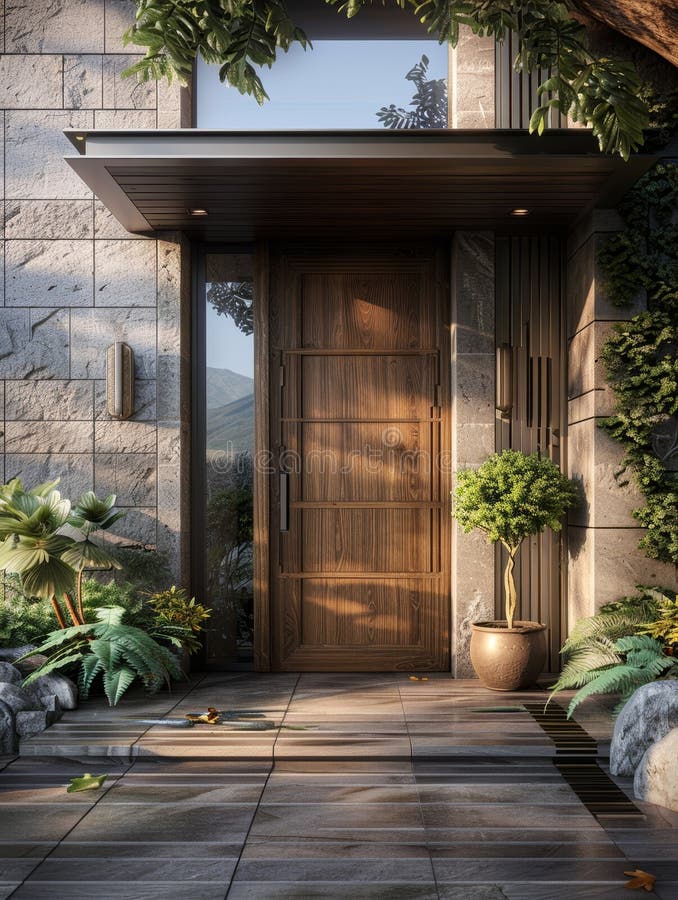 Modern-style House Featuring a Wooden Door and Stone Pathways. AI ...