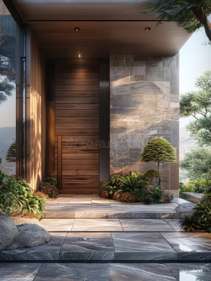 Modern-style House Featuring a Wooden Door and Stone Pathways. AI ...