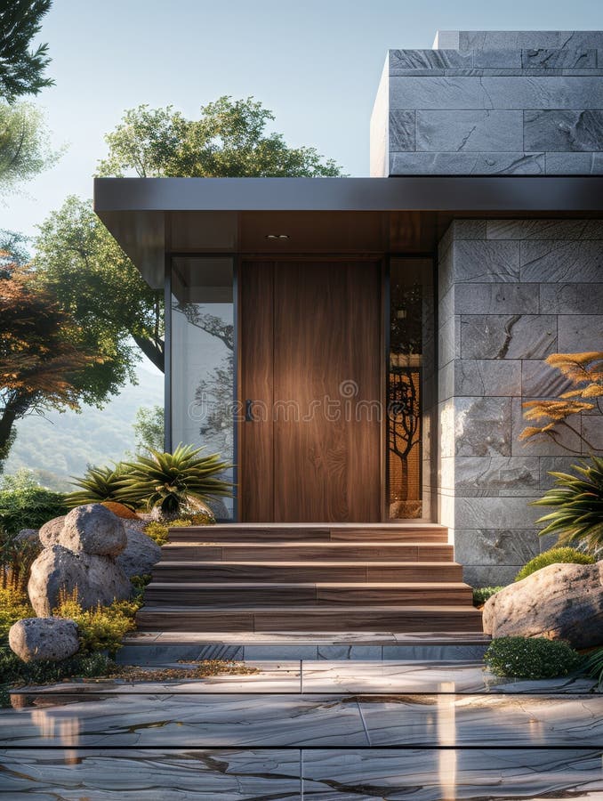 Modern-style House Featuring a Wooden Door and Stone Pathways. AI ...
