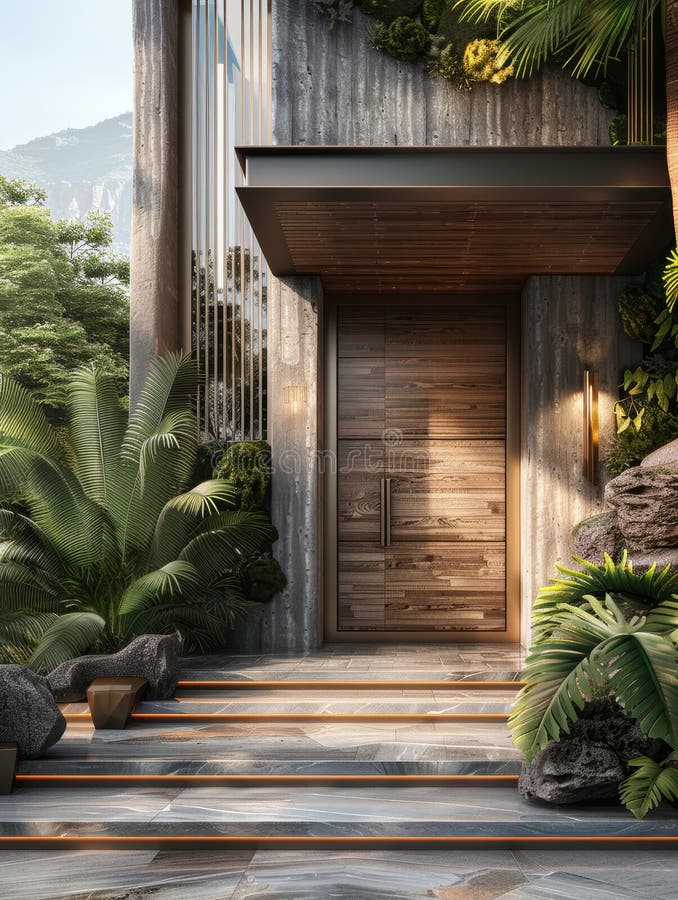 Modern-style House Featuring a Wooden Door and Stone Pathways. AI ...