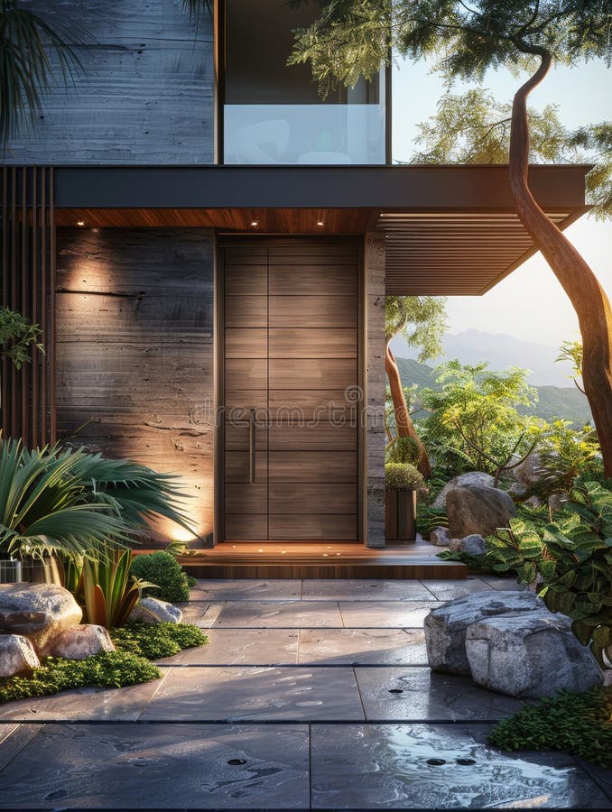 Modern-style House Featuring a Wooden Door and Stone Pathways. AI ...