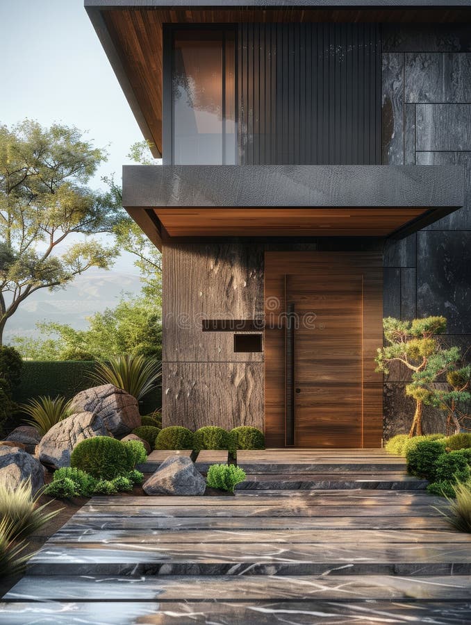 Modern-style House Featuring a Wooden Door and Stone Pathways. AI ...